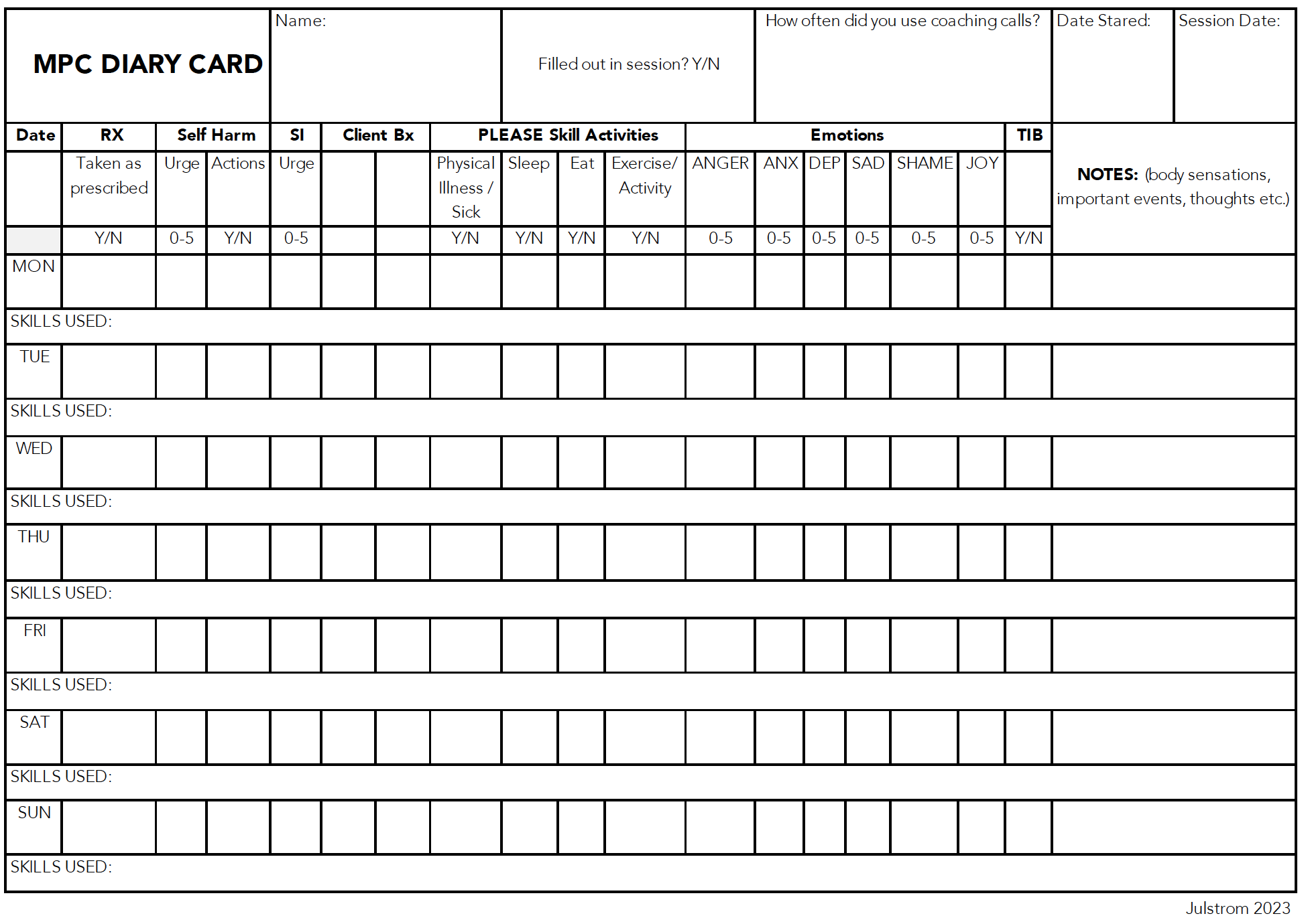2023 Diary Card – Middle Path Counseling MO